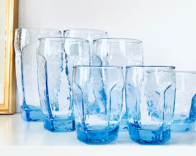 Vintage Blue Glasses PAIR, Choose Size, Textured Blue Drinking Glass ...