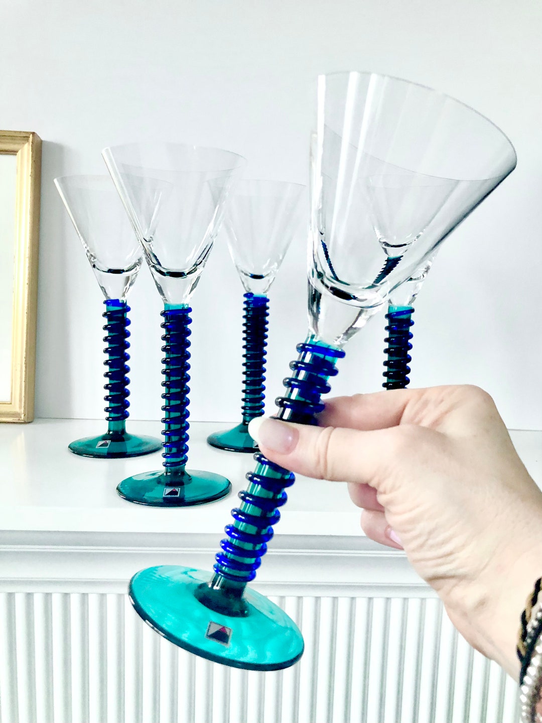 GLASS ATELIER MORAVA Vintage 90s Art Glass Wine Glasses Blue & Green ...