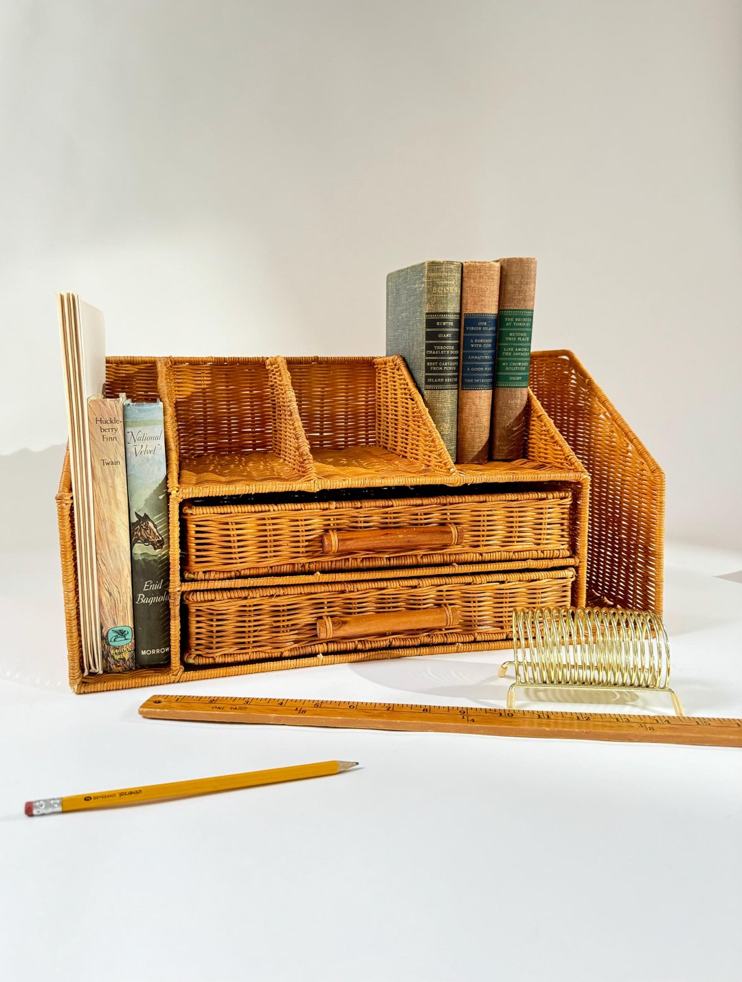 Vintage Rattan Wicker Desk Organizer 2 Drawer, Bamboo Handles, Paper ...
