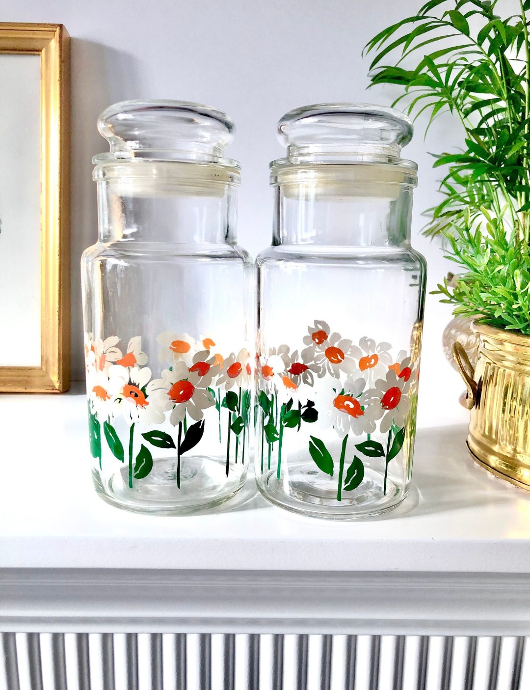 Vintage Daisy Jar 70s Retro Glass Canister, 1970s Orange & White ...