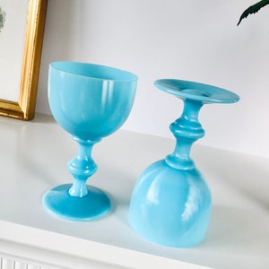 RARE French Blue Opaline Glass Wine Goblets by Portieux Vallerysthal 4oz Pair Antique Milk Glass ...