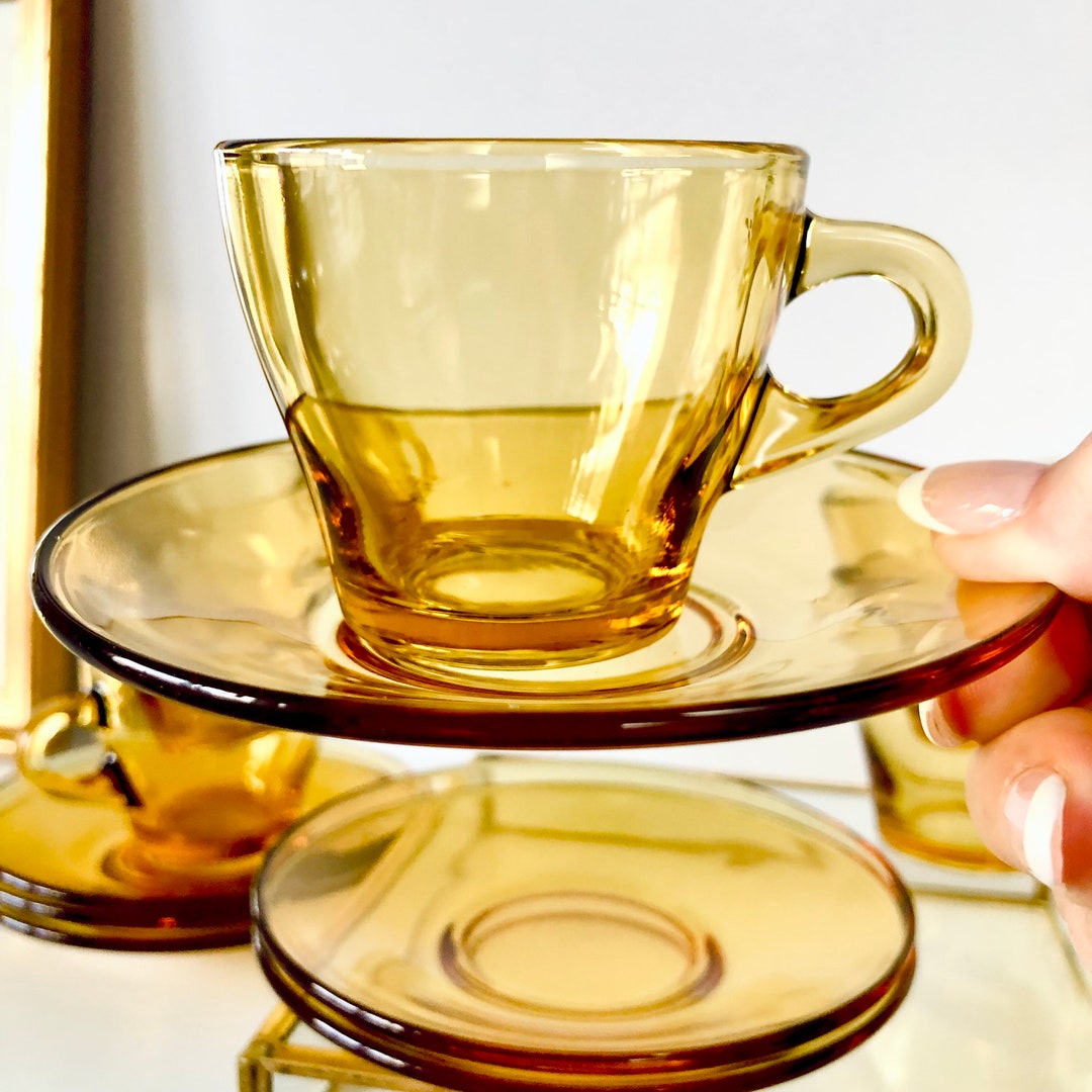 Amber Yellow Glass Espresso Cup Saucer Sets, Vintage Vitrosax Italy ...