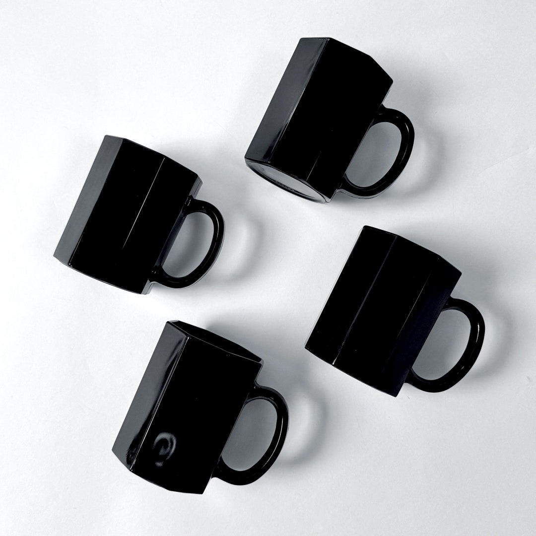 Vintage France Black Glass Coffee Mugs: 90s Octagonal Novoctime, Set of ...