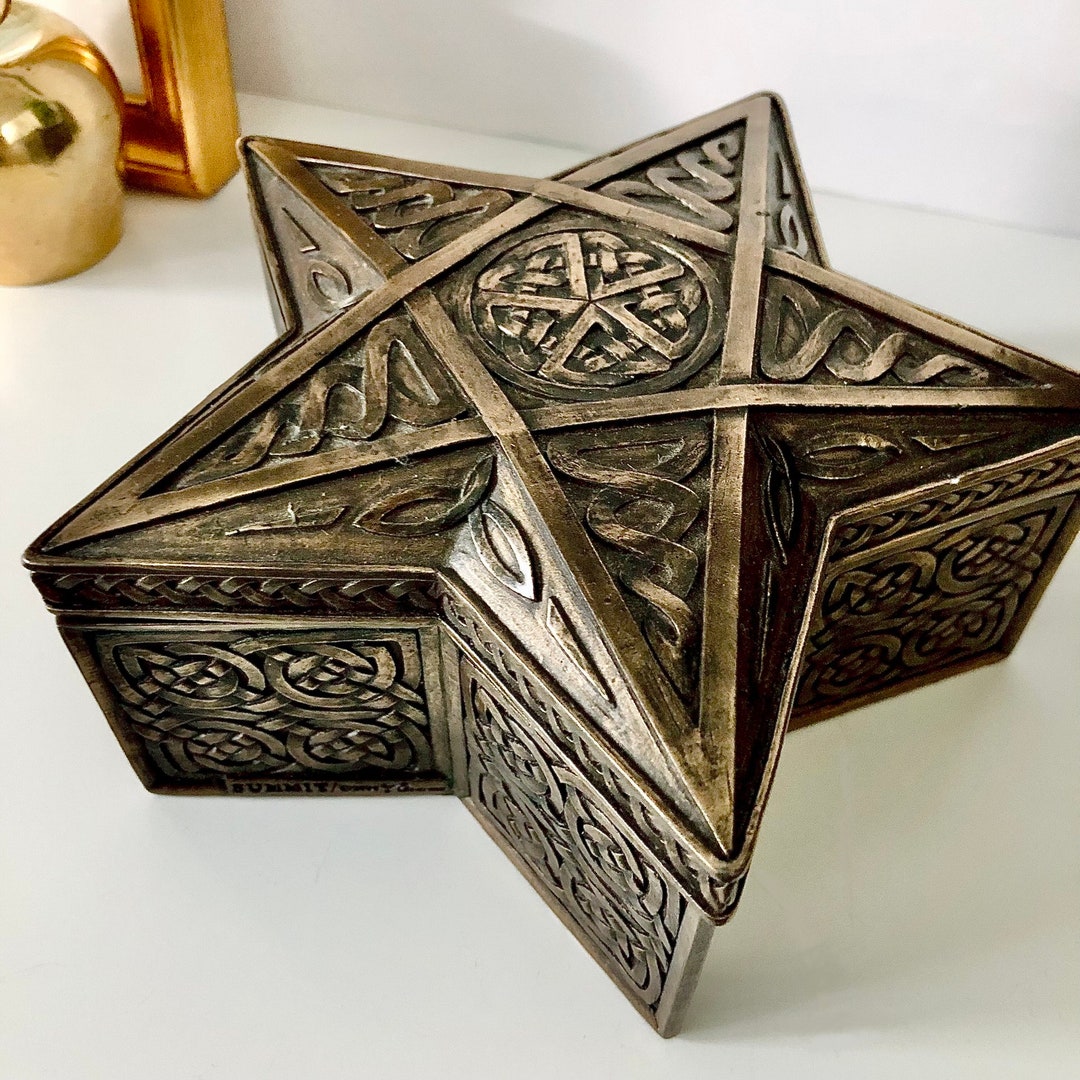 Vintage Celtic Star Shape Box Bronze Color Resin Faux Carved Wood ...