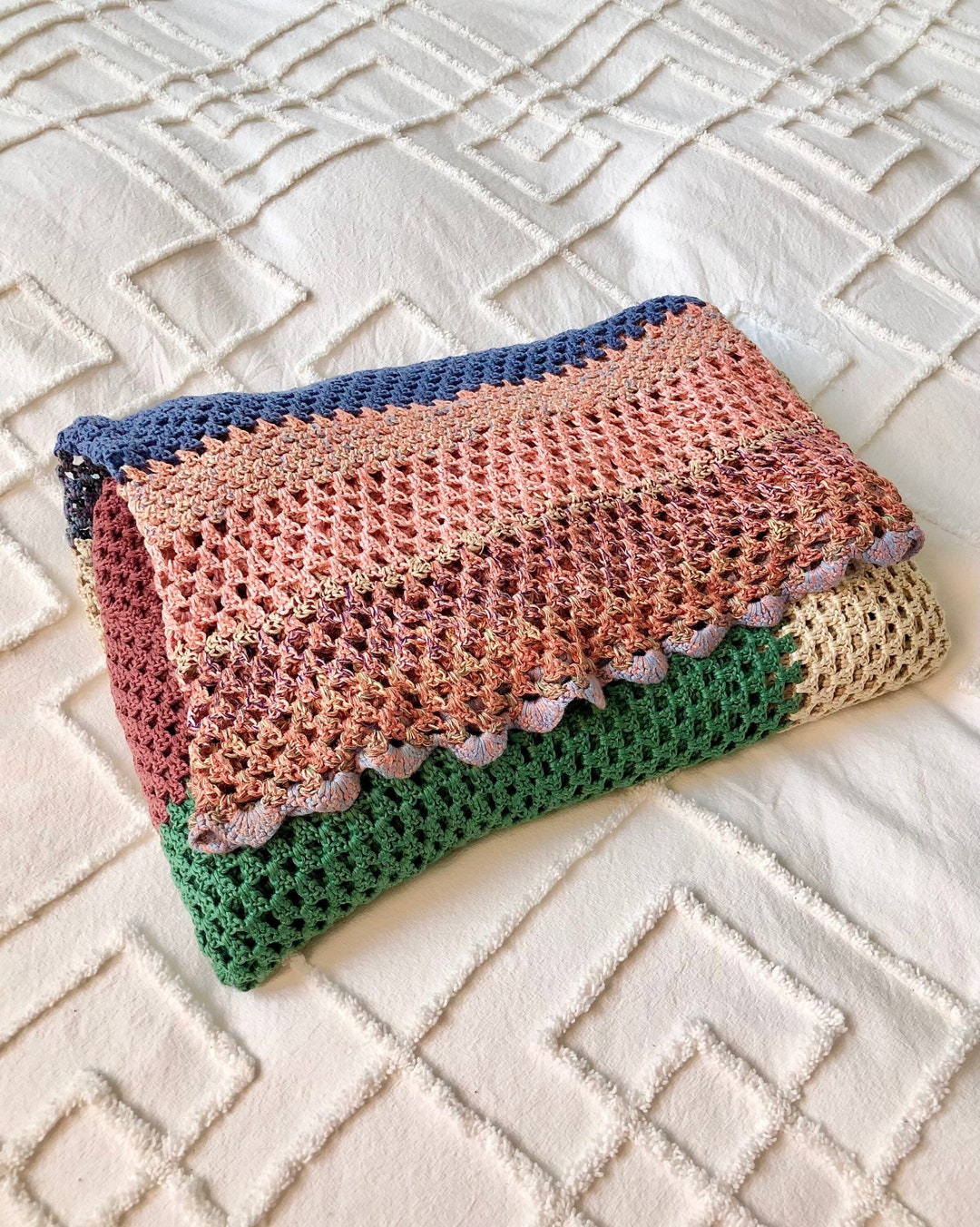 Vintage Granny Square Bedspread Crochet Blanket Rose Sage Cream Blue ...
