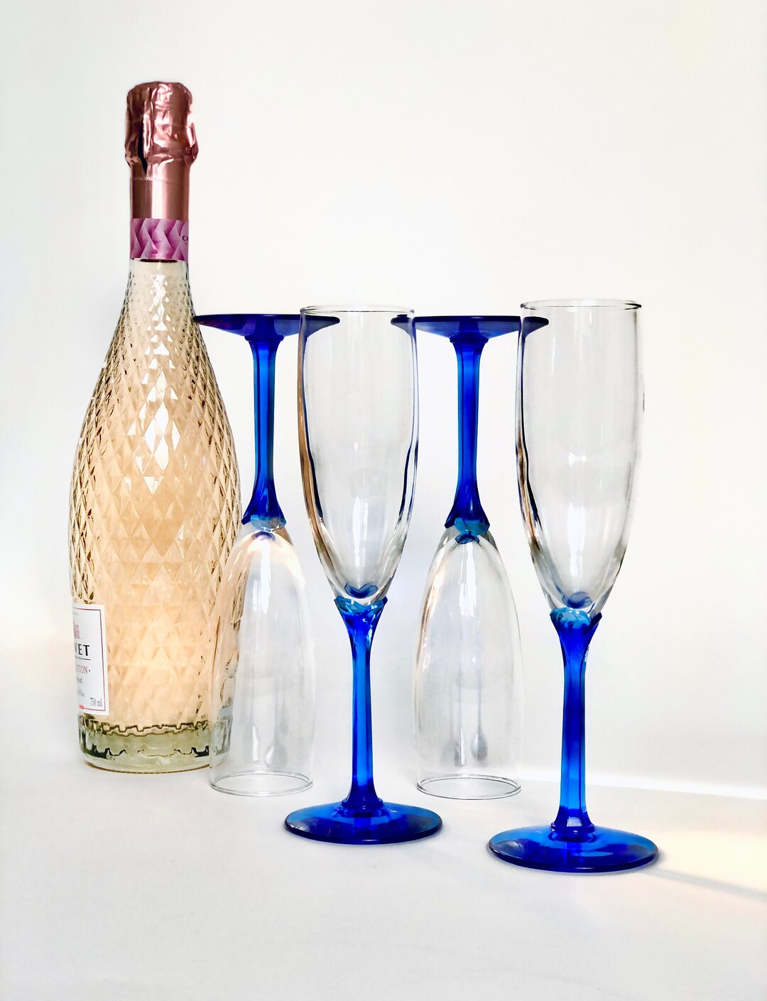 Vintage Blue Stem Champagne Flutes, Blue Tulip Stems and Clear Bowls ...