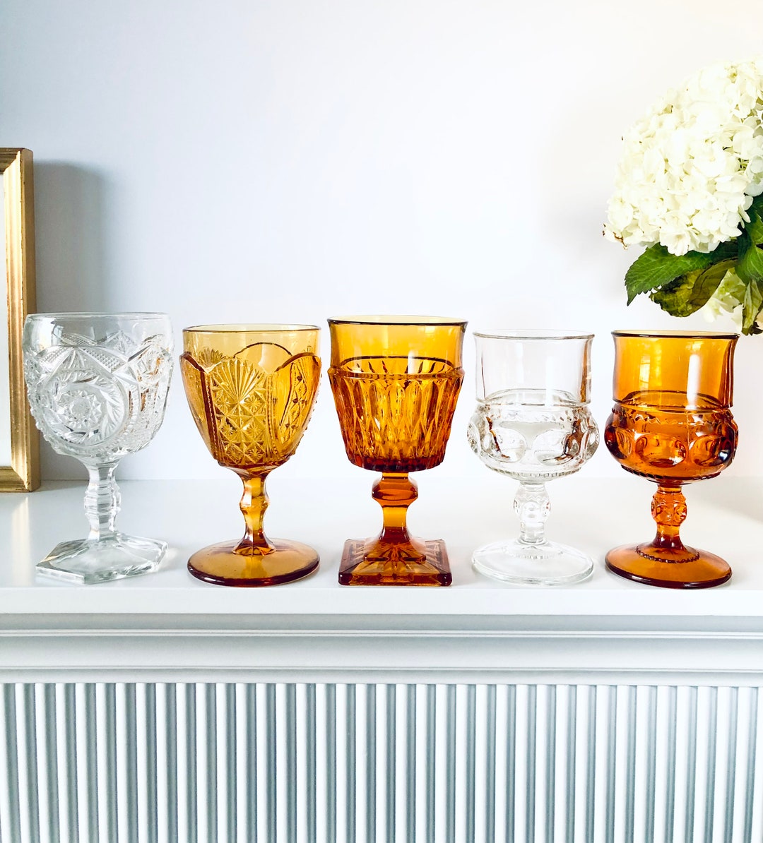 Vintage Mixed Amber Wine Glasses Set of 5 Assorted Clear & Amber Glass ...