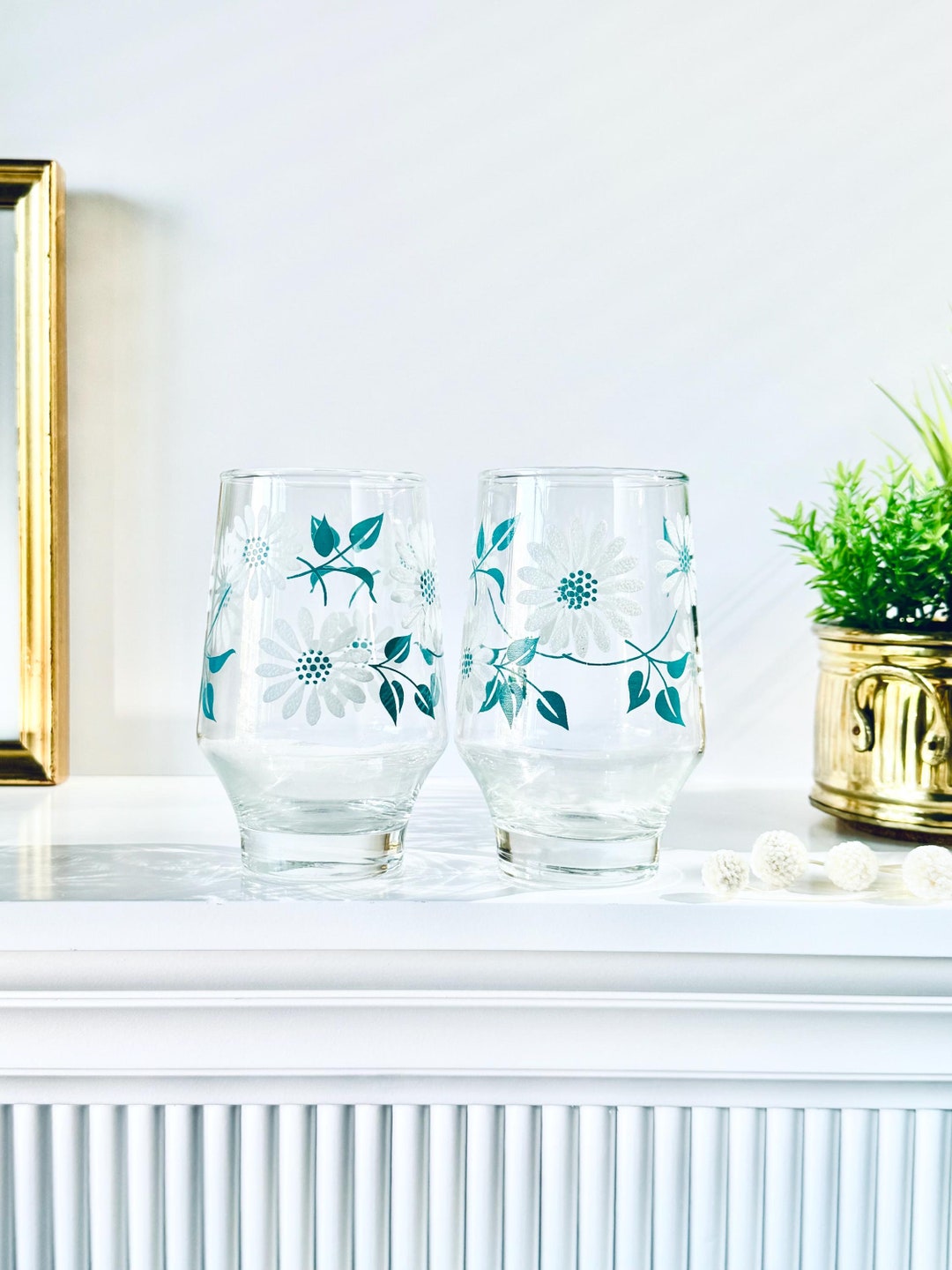 Pair Aqua Blue Daisy Glasses Set of 2 MCM Tumblers, Flower Glasses 70s ...
