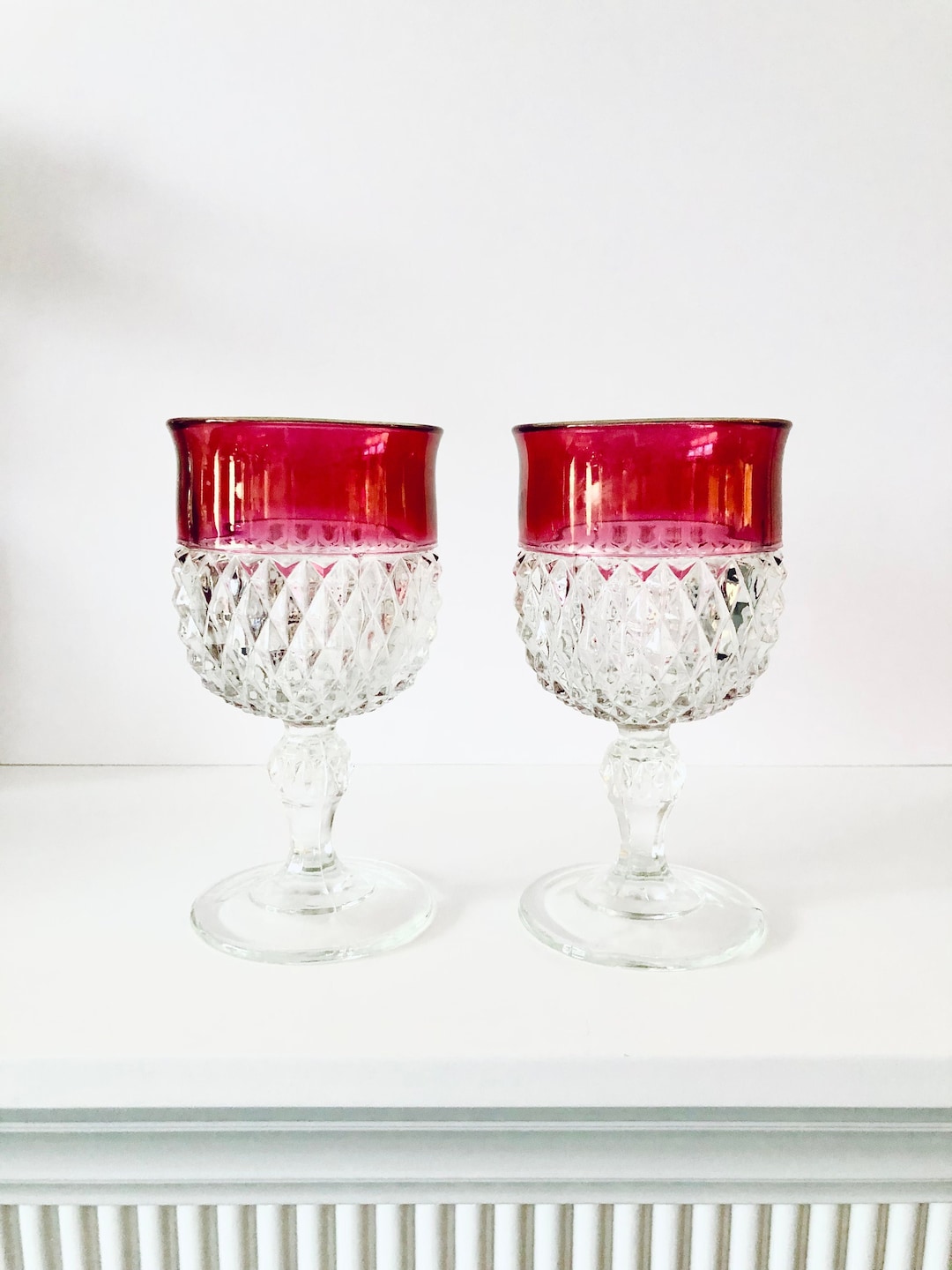 Vintage Ruby Band Wine Goblets Pair, Indiana Glass Diamond Point ...