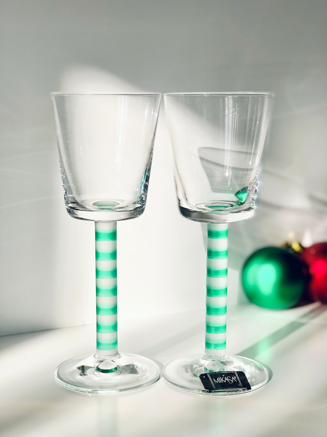 Pair of Christmas Wine Glasses, Candy Cane Stem Vintage Frosted Green ...