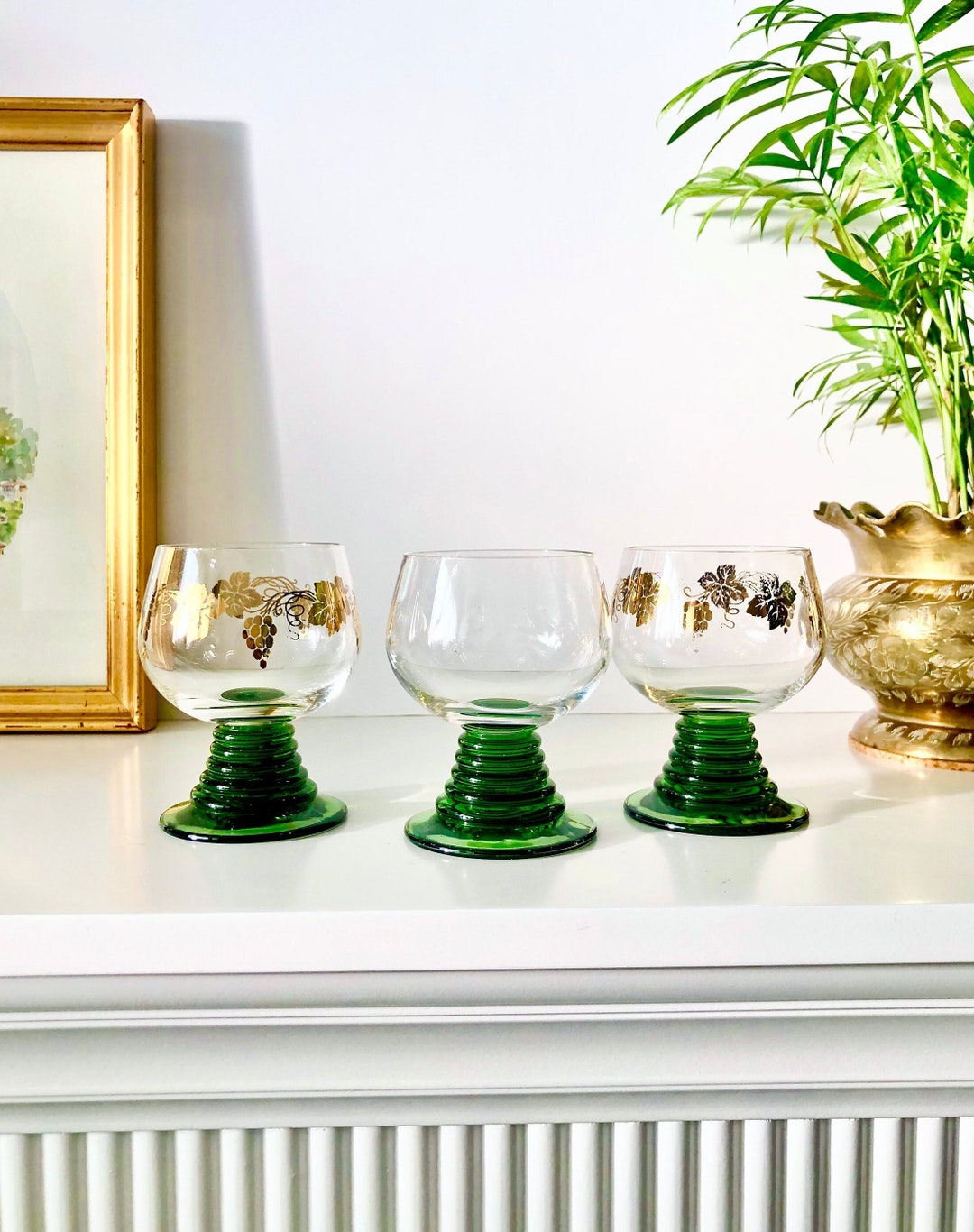 Vintage German Wine Glasses, Roemer Rhein, Set of 3 Coil Ribbed Stems ...