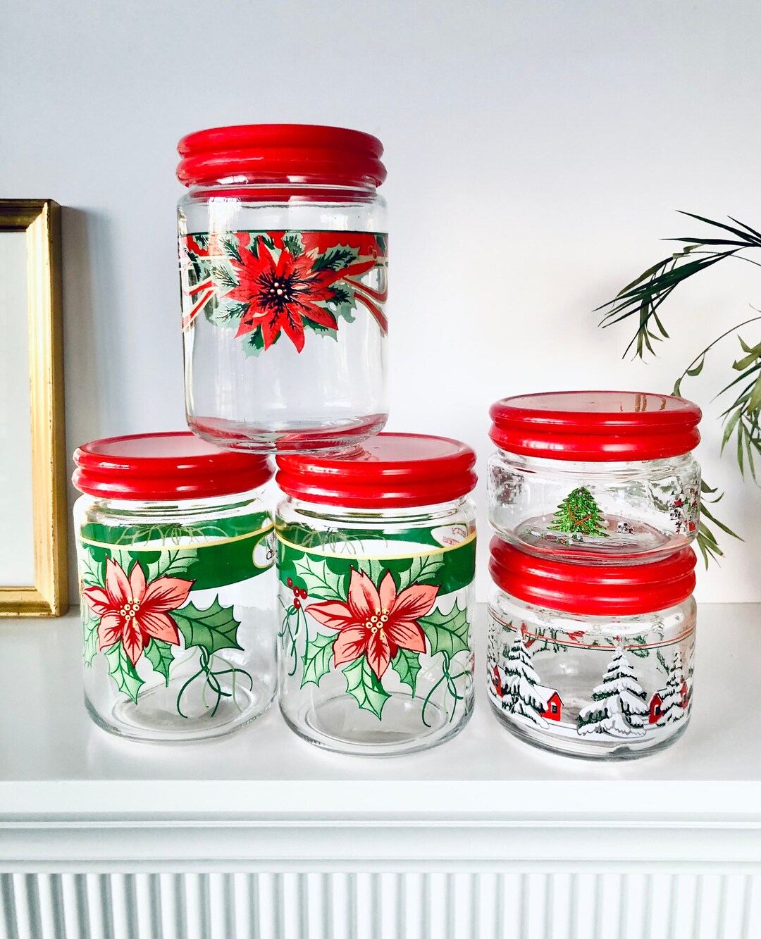 Vintage 80s Christmas Jars, Poinsettia Flower Christmas Canisters ...