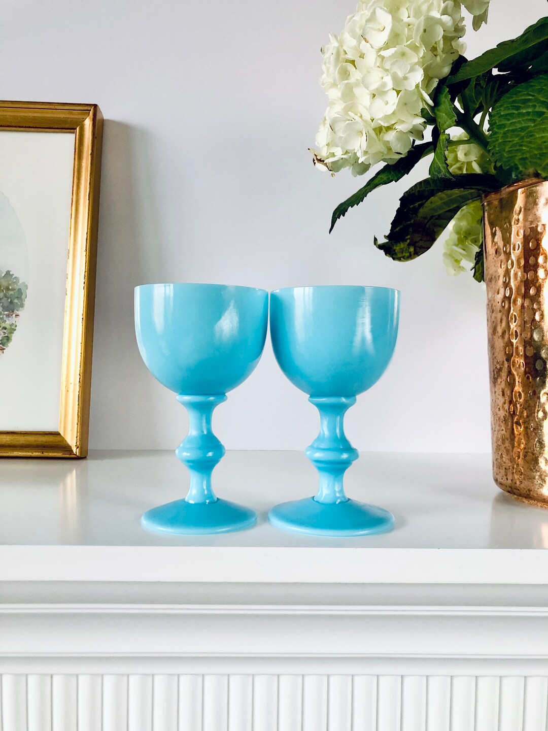RARE French Blue Opaline Glass Wine Goblets by Portieux Vallerysthal 4oz Pair Antique Milk Glass ...