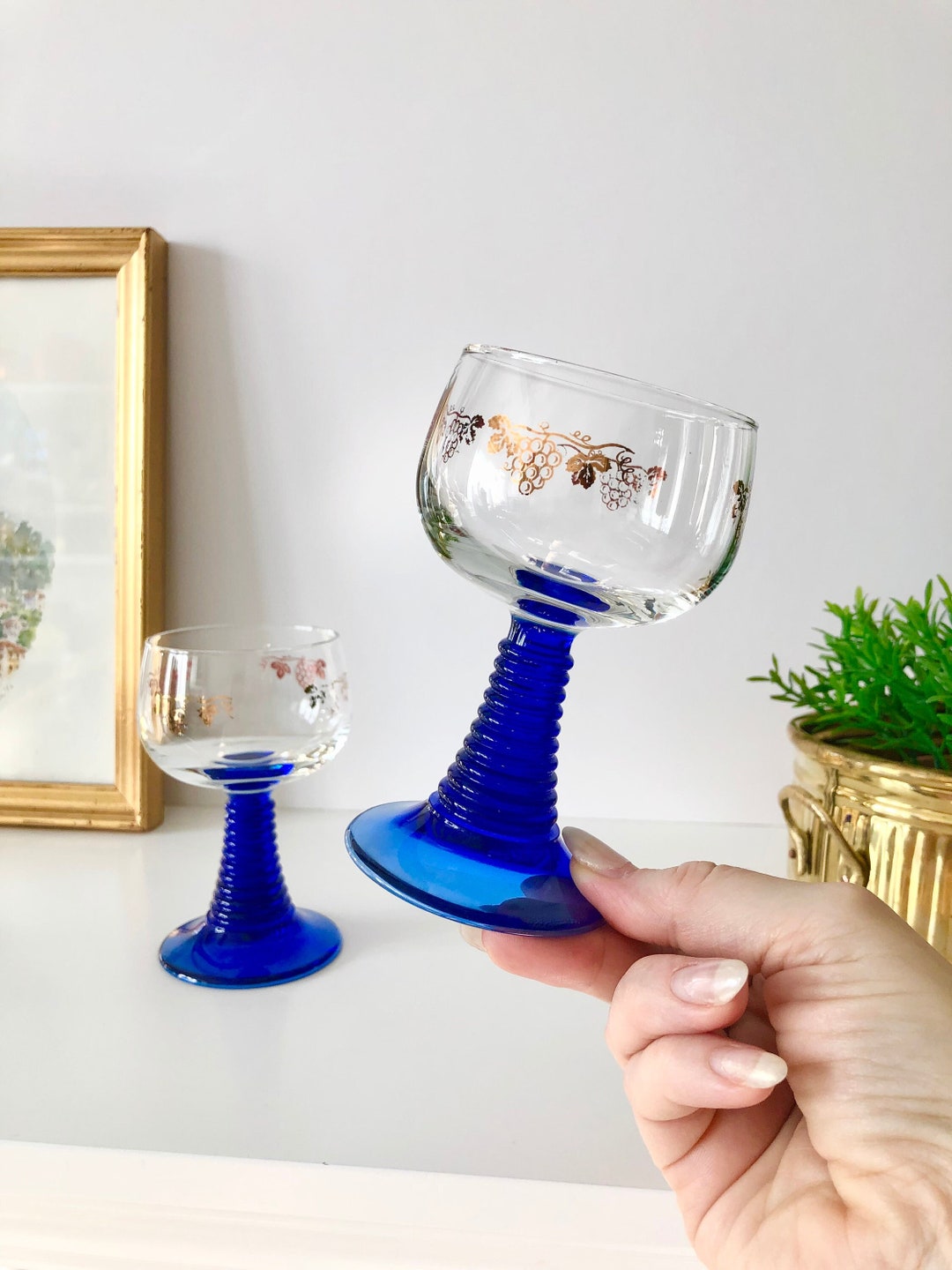 Vintage French Wine Glasses, Pair of Alsace Cobalt Blue Coil Ribbed ...