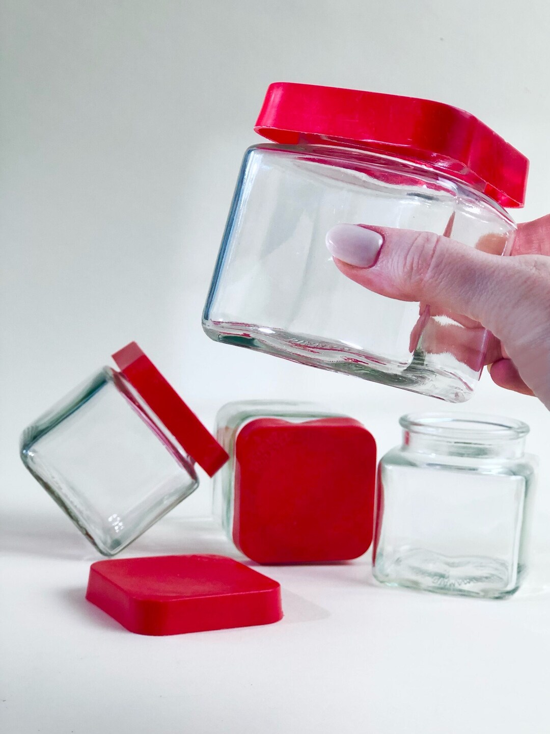 4 Retro Red Lid Glass Jars 80s Kitchen Canister Set of Four BEAUCE ...