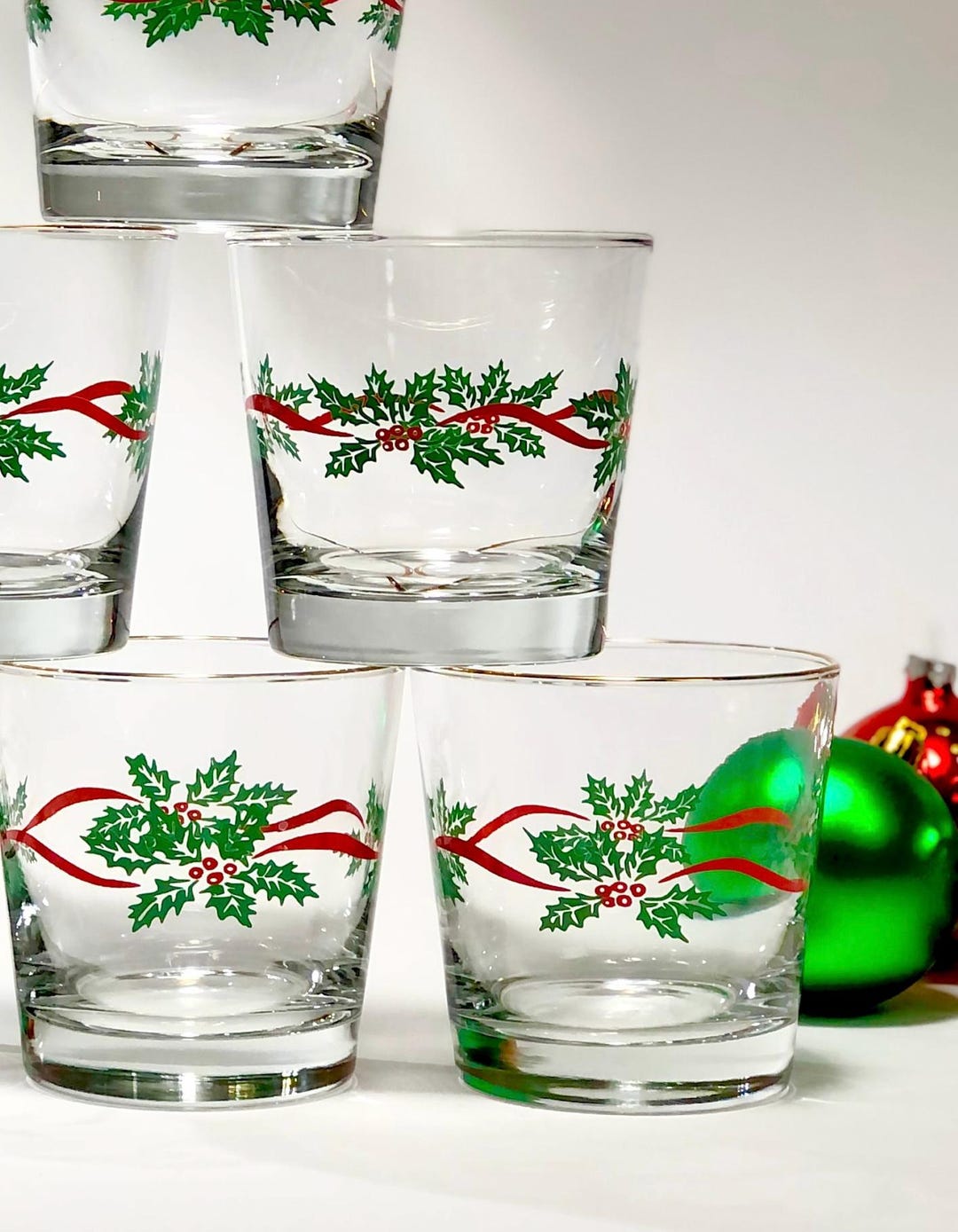 RARE Vintage Libby Christmas Glasses, Lowball Rocks Glasses, Green ...