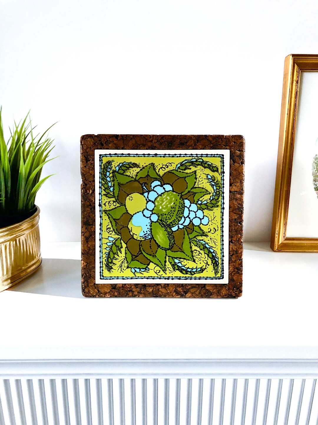 MCM Retro Trivet Ceramic Tile & Cork Pot Holder, Leafy Bright Green ...