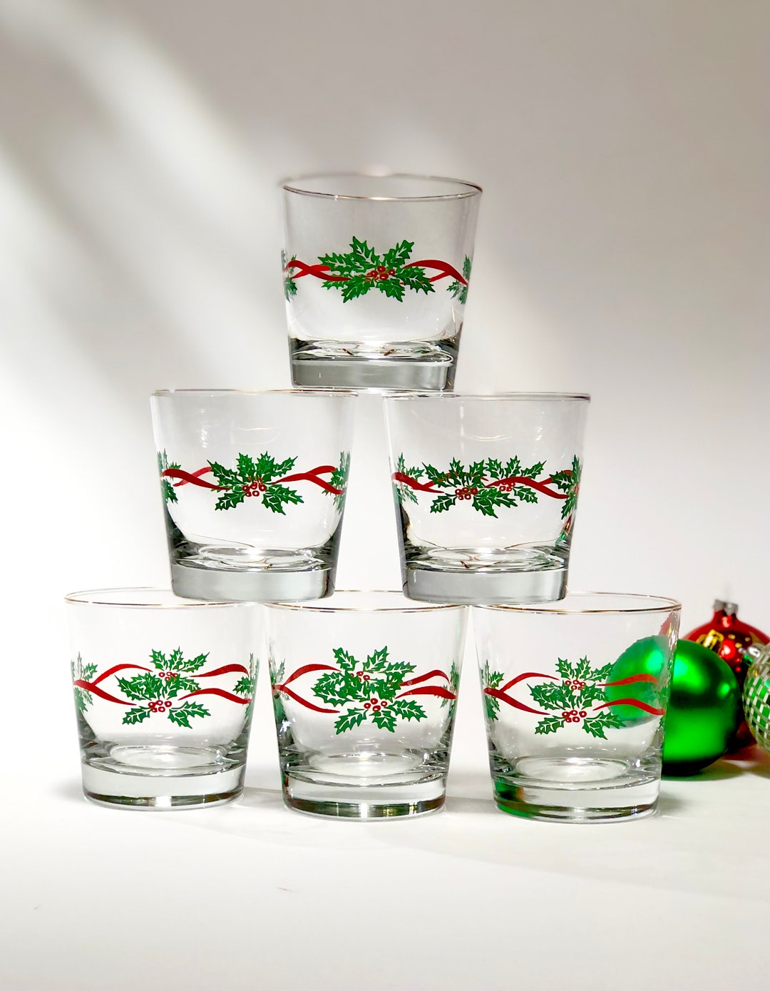 RARE Vintage Libby Christmas Glasses, Lowball Rocks Glasses, Green ...