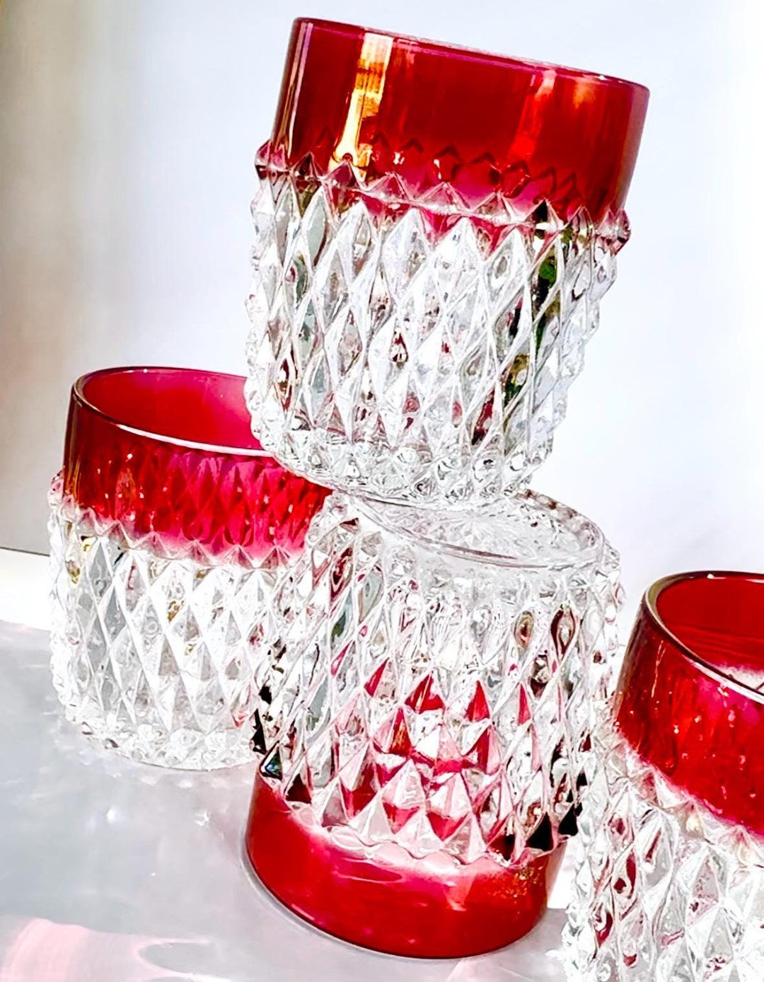 Vintage Ruby Flash Whiskey Glasses Bar Set of 4 Lowball Rocks Glasses ...