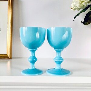 RARE French Blue Opaline Glass Wine Goblets by Portieux Vallerysthal 4oz Pair Antique Milk Glass ...