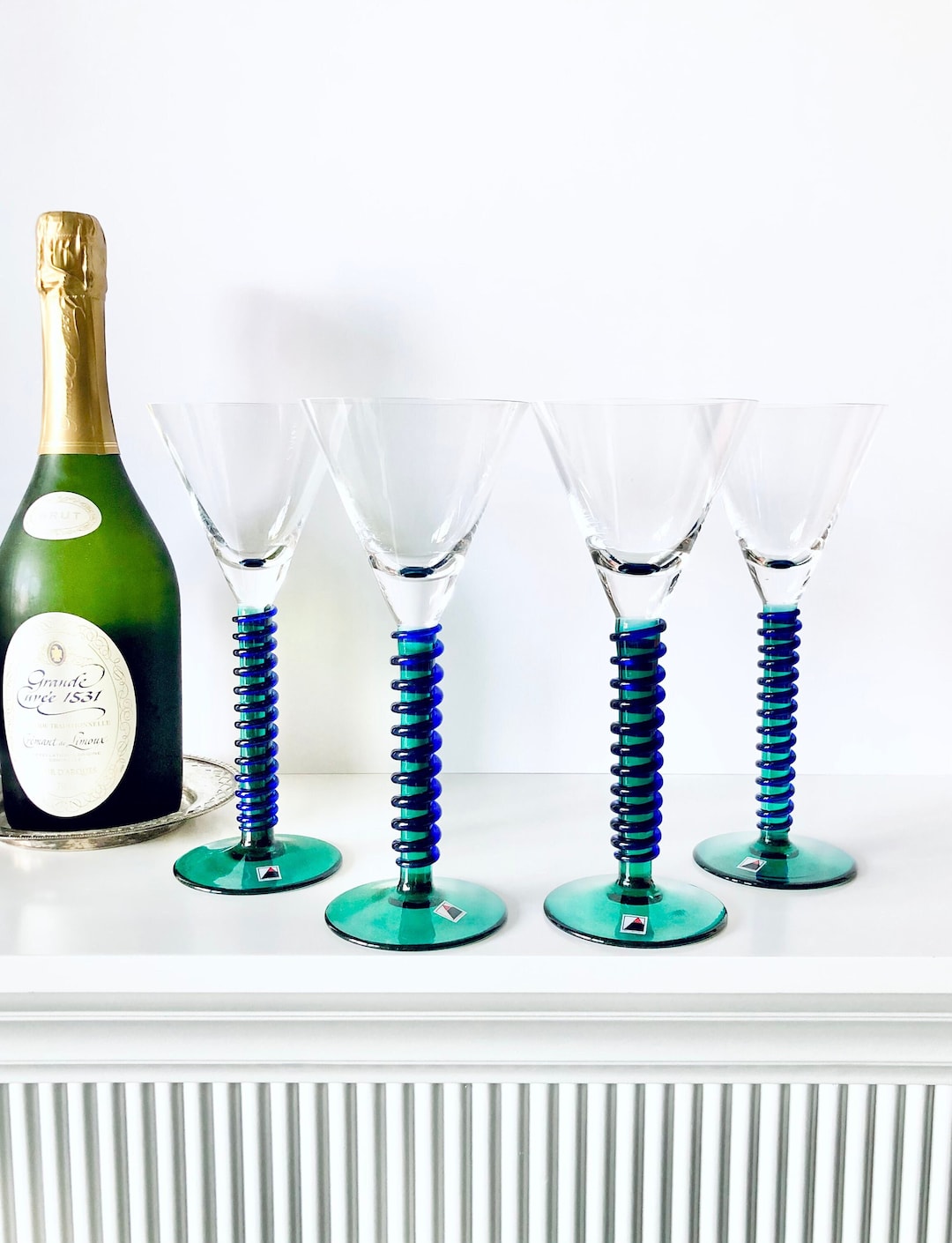 GLASS ATELIER MORAVA Vintage Tall 90s Art Glass Wine Glasses Blue ...