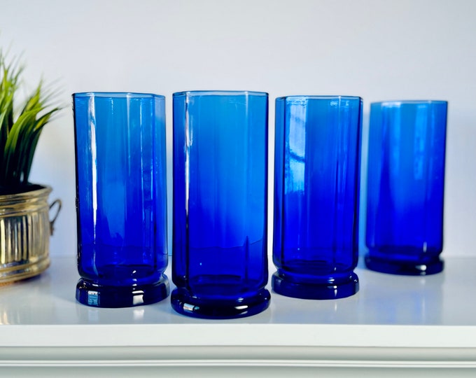 Vintage Cobalt Blue Highball Glasses, Retro 16oz Cocktail Glasses ...
