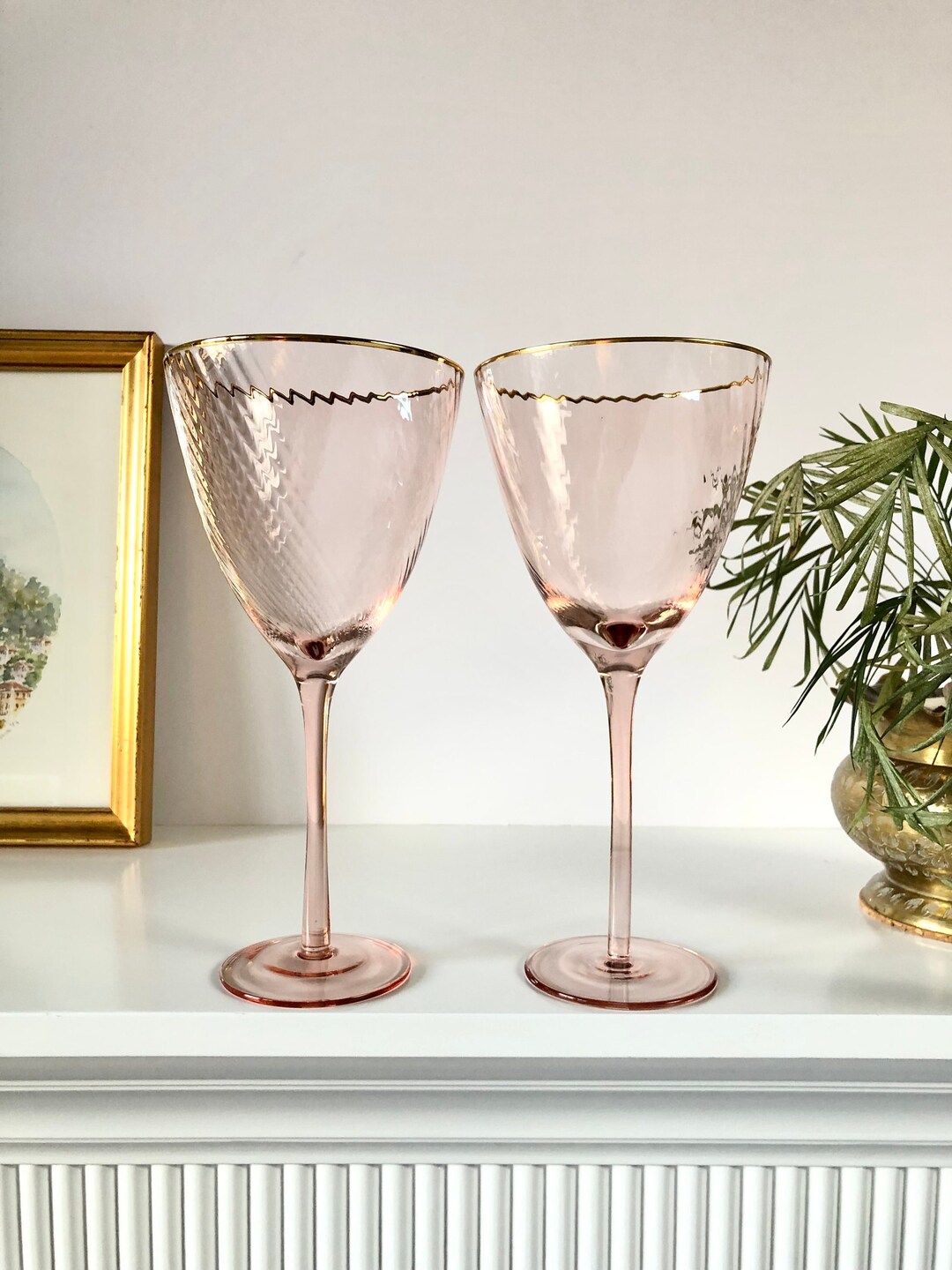 PAIR Vintage Pink Glass Wine Glasses Gold Rims, Blush Pink Optic Swirl ...