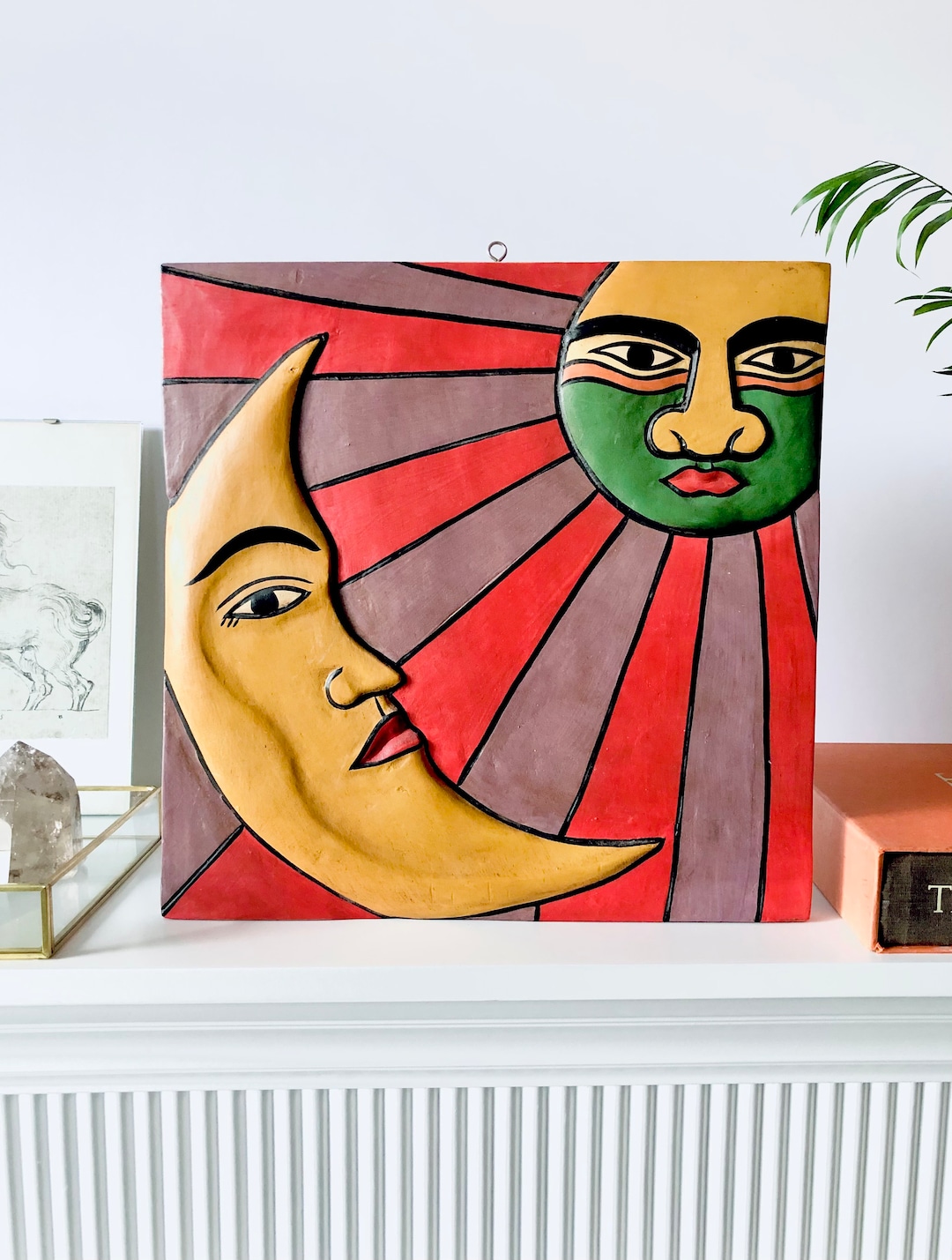 Hand Carved Celestial Sun Moon Wall Hanging Folk Art Wood Square Wall ...