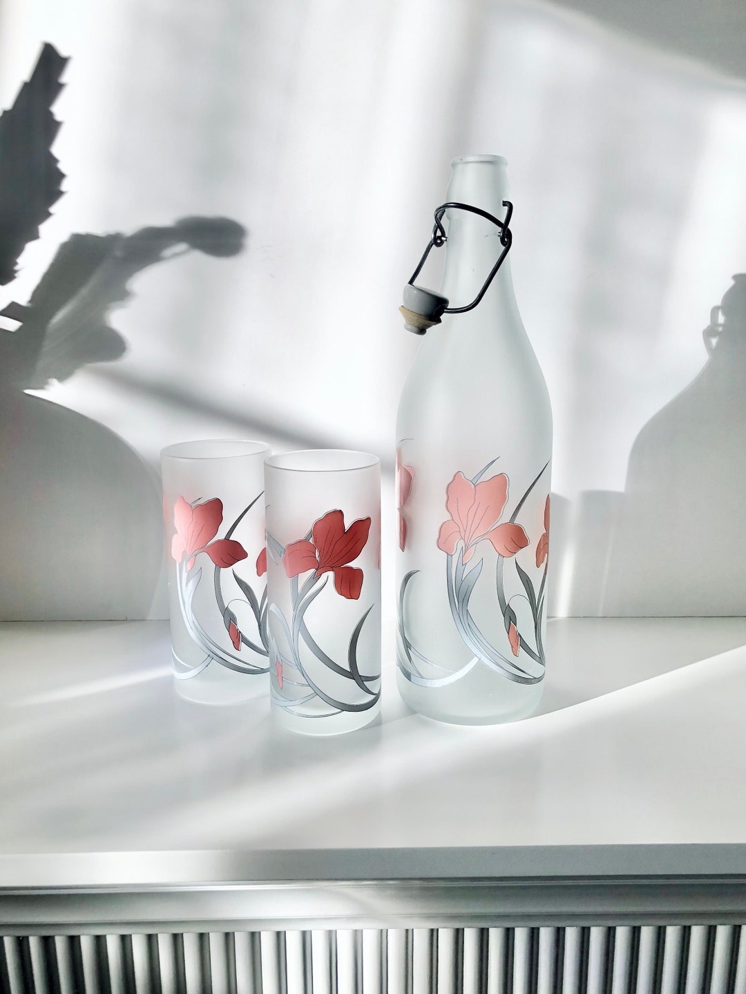 Vintage 1980s Cerve Frosted Glass Decanter Bottle Set With 2 Glass ...