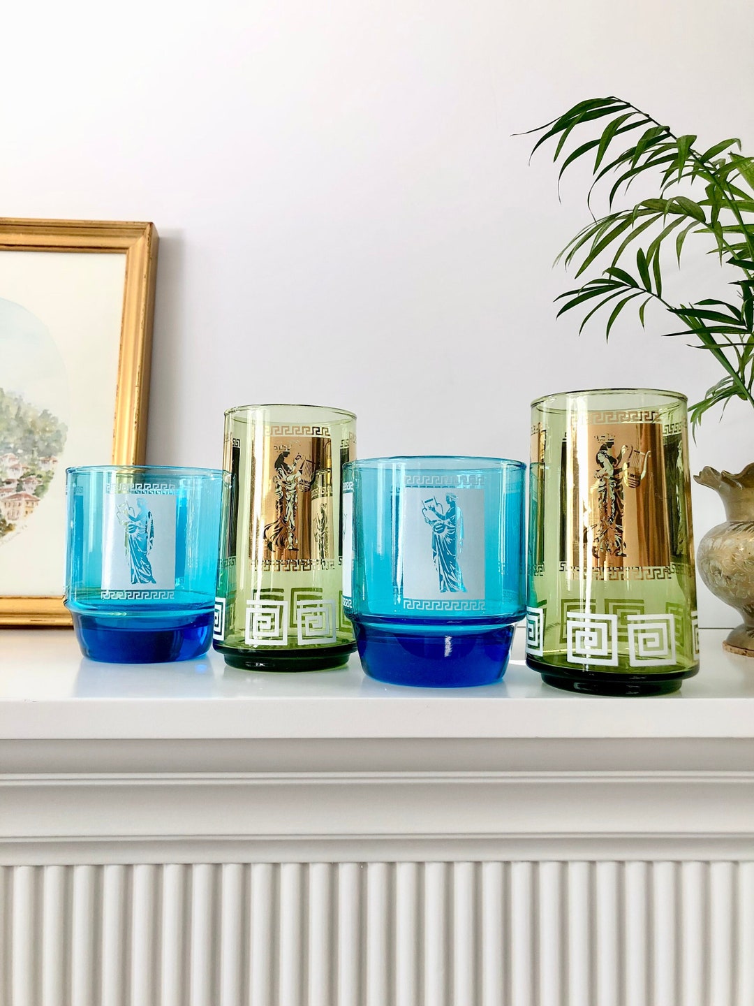 MCM Mixed Greek Glasses Set of 4 Greek Goddess Gods Lute Greek Key ...