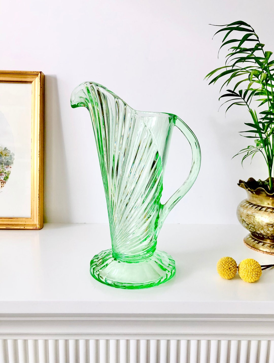 Vintage Art Deco Green Glass Pitcher Art Glass Jug Made in England by ...