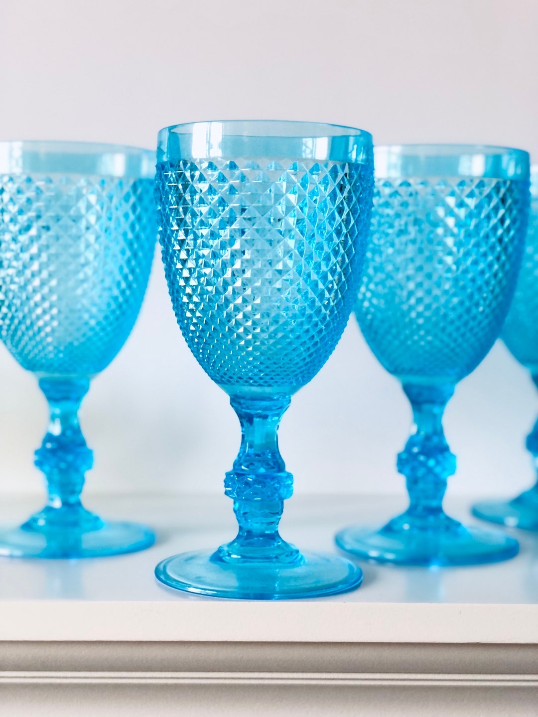 Vintage Plastic Wine Glass Cups, Set of 4 Aqua Blue Diamond Point ...