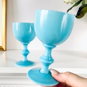 RARE French Blue Opaline Glass Wine Goblets by Portieux Vallerysthal 4oz Pair Antique Milk Glass ...
