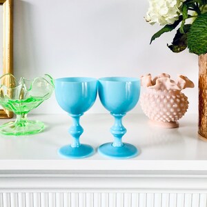 RARE French Blue Opaline Glass Wine Goblets by Portieux Vallerysthal 4oz Pair Antique Milk Glass ...