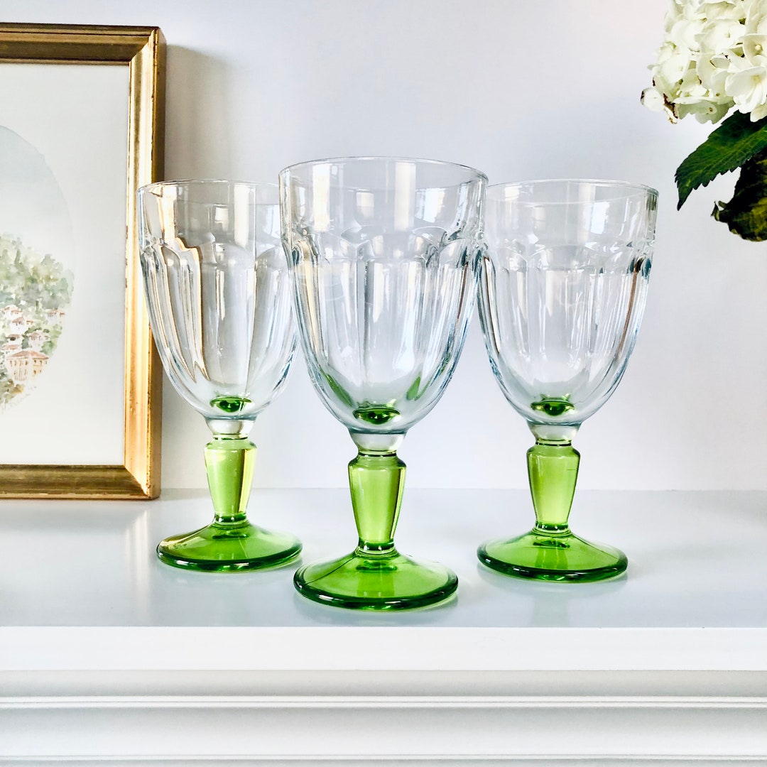Three Emerald Green Stem Wine Goblets, Vintage Wine Glasses Set of ...