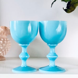RARE French Blue Opaline Glass Wine Goblets by Portieux Vallerysthal 4oz Pair Antique Milk Glass ...