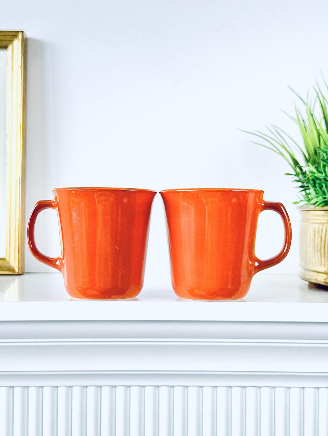Pair Vintage Corning Ware Mugs, 1960s Orange, D Handle Corning Coffee ...