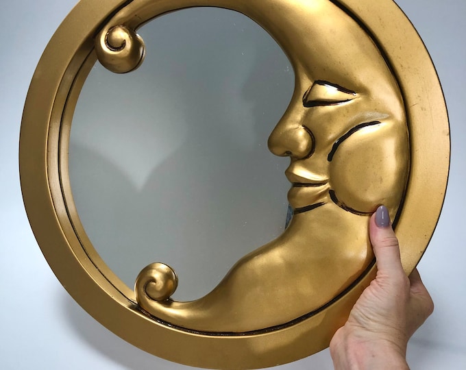 Vintage Celestial Gold Moon Mirror, Round Wall Hanging, Y2K, 1990s ...