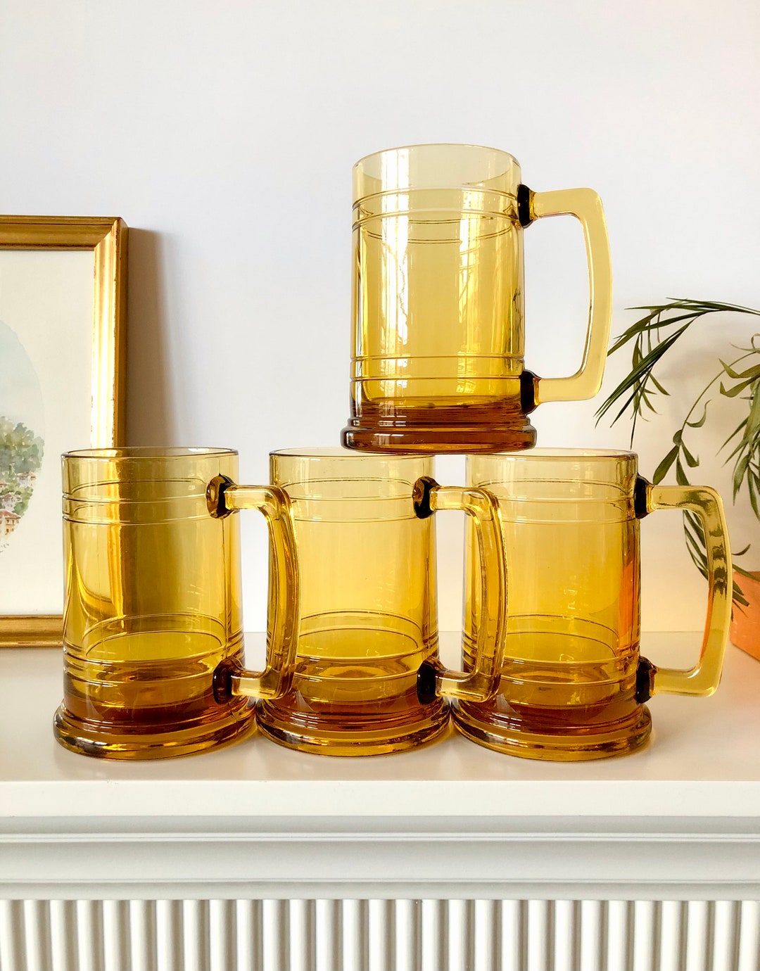Vintage Amber Glass Beer Stein: Retro 70s Honey Golden Heavy Mug ...
