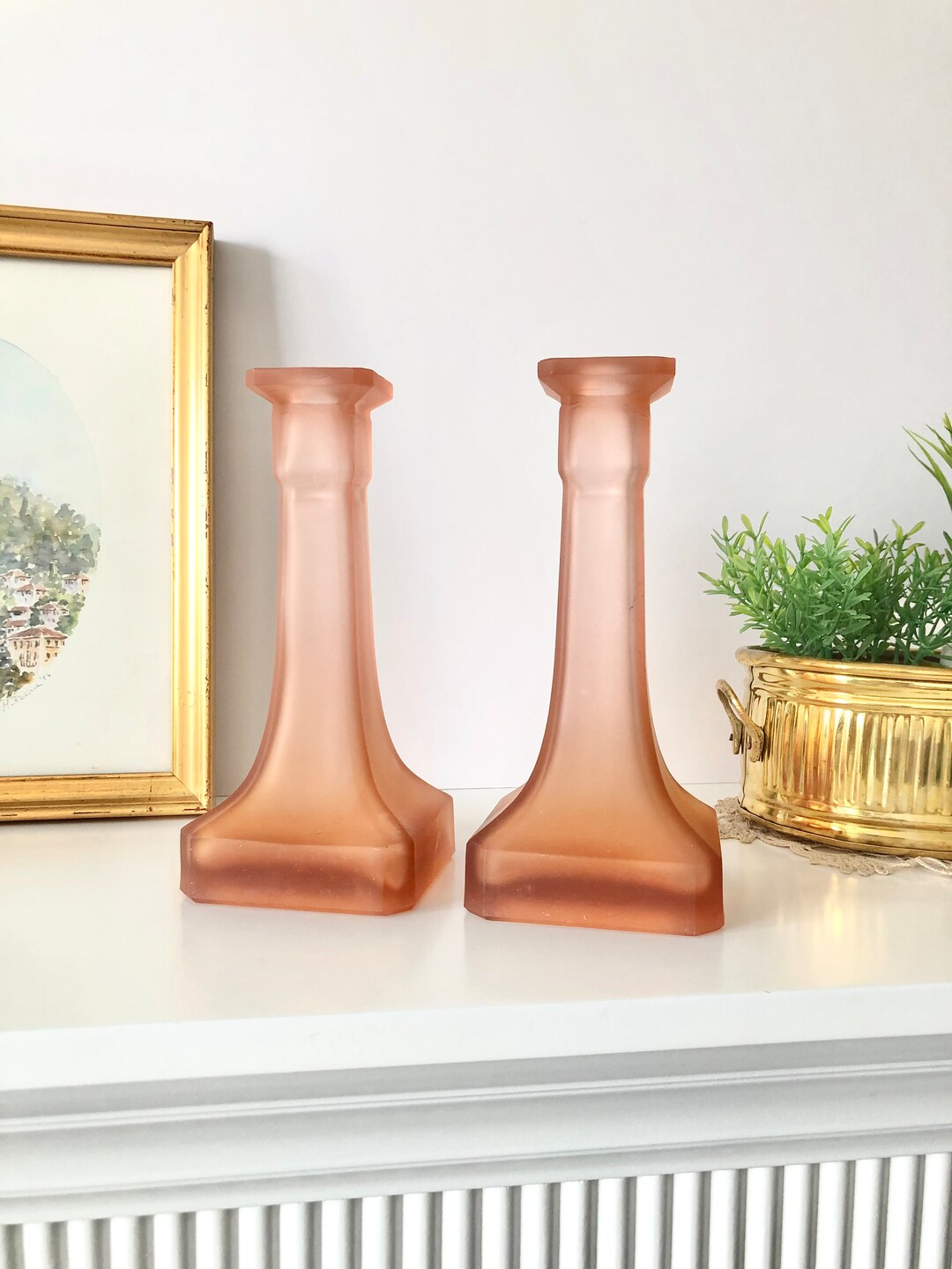 Vintage Blush Glass Candle Holders Pair, Matte Peach Coloured ...