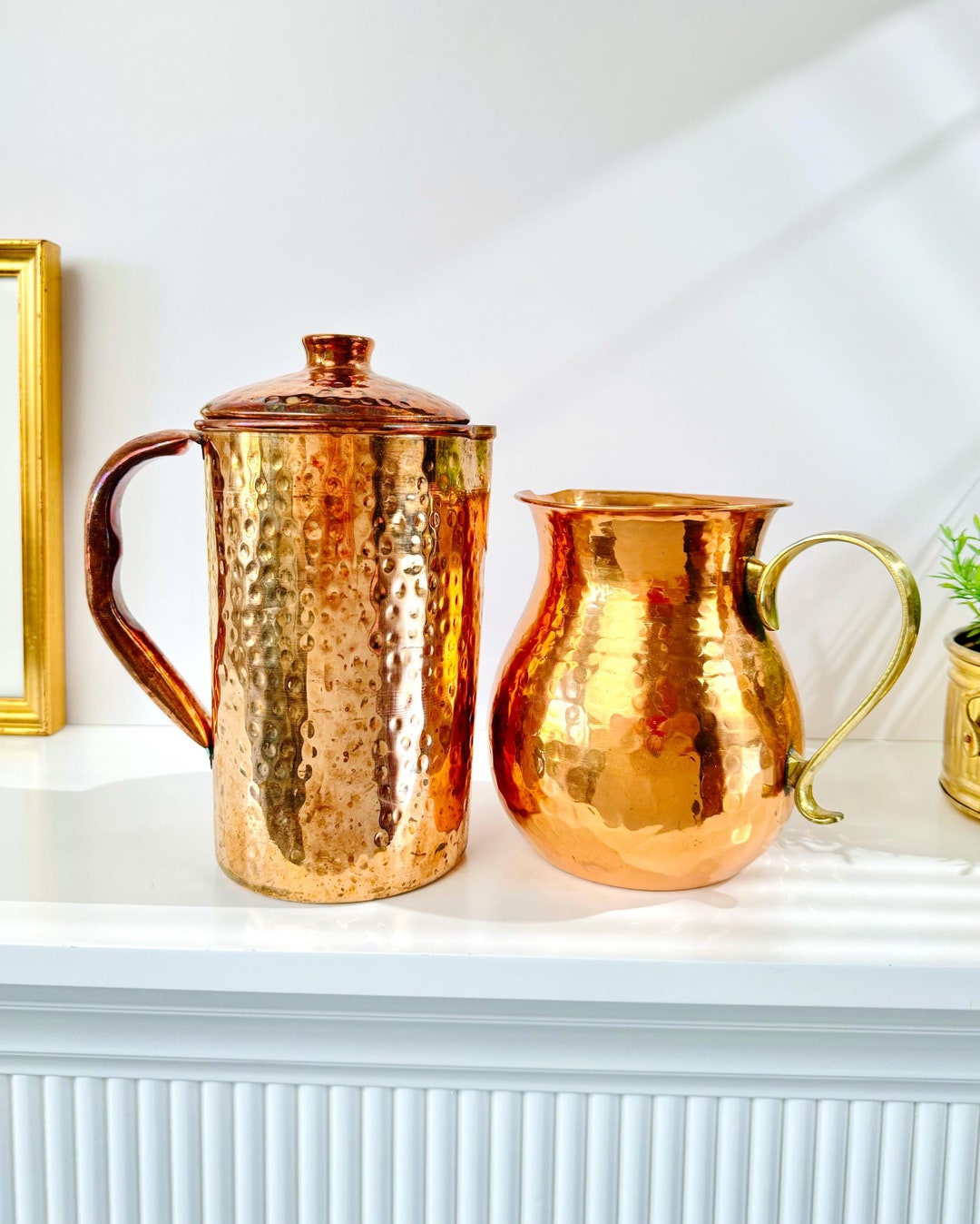 Vintage Copper Pitcher With Lid or Brass Handle Jug, Hammered Copper ...