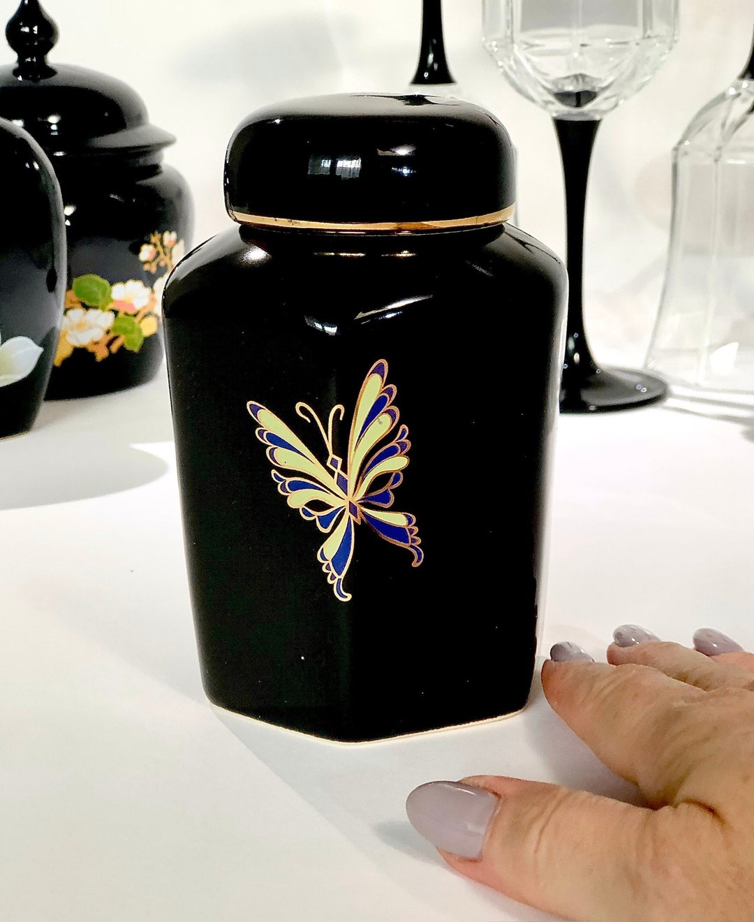 Vintage Black Glass Ginger Jar, 80s BOB MACKIE Trinket Storage Jar With ...