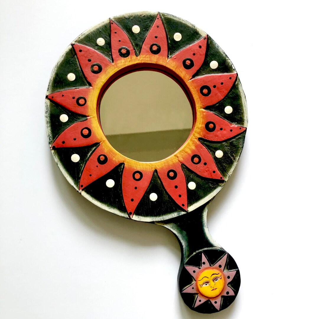 Vintage Celestial Sun Handheld Mirror, Black Orange Yellow Sun, Carved ...