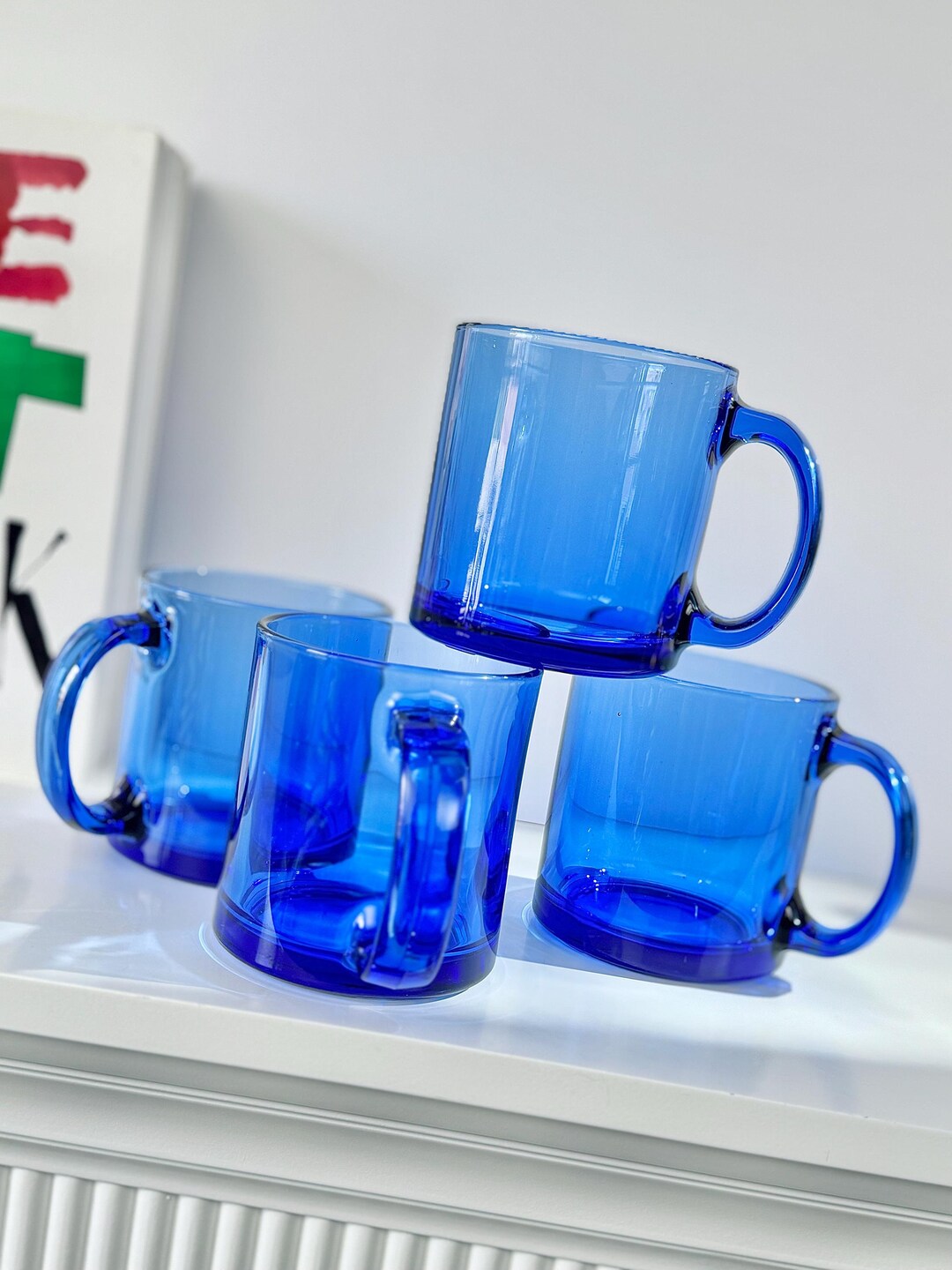 4 Vintage Blue Glass Mugs, Extra Large RARE 1990s Glass Coffee Mug Tea ...