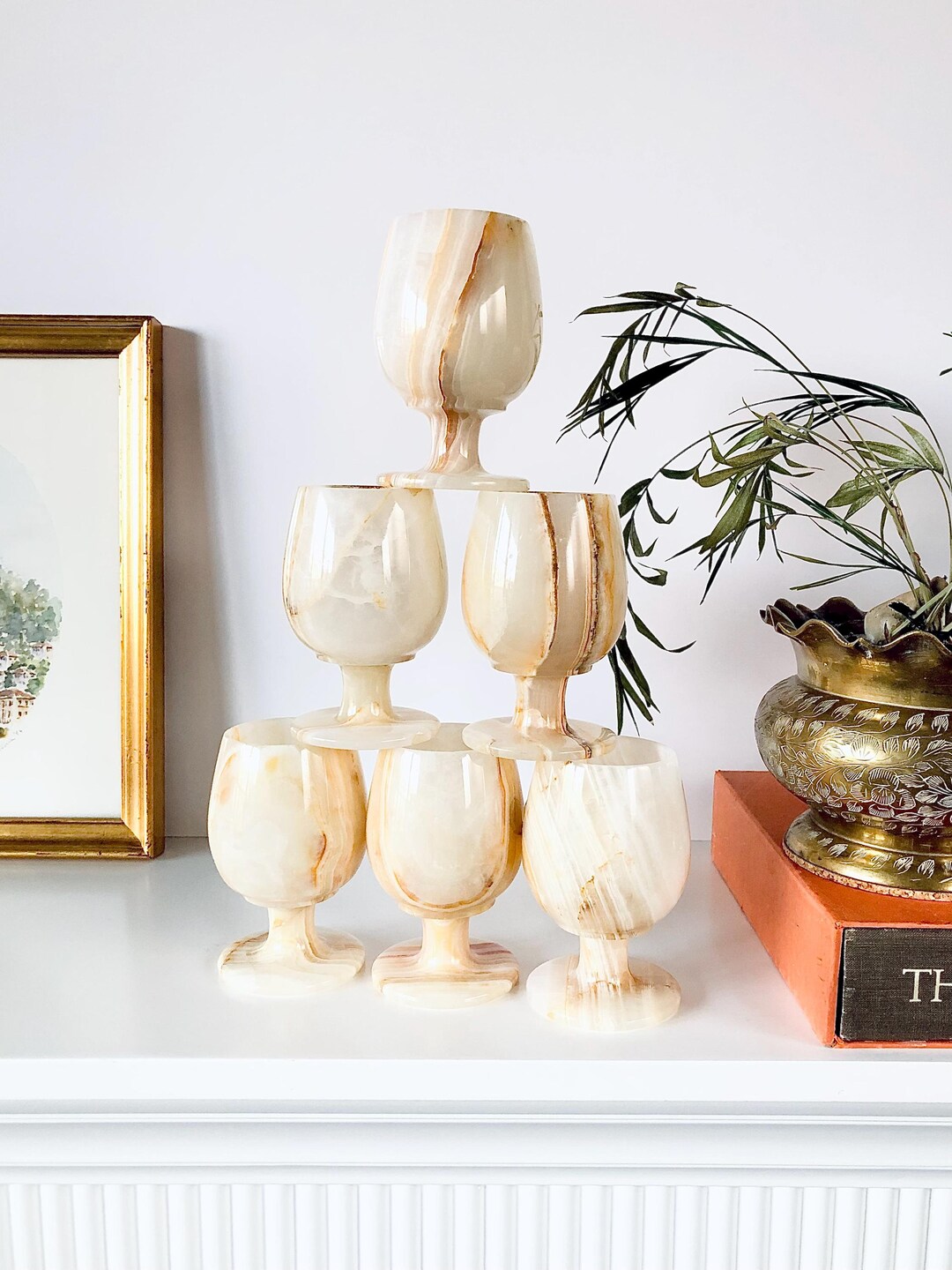 Vintage Onyx Wine Glasses Set of 6, Carved Onyx Marble Stone Goblets ...