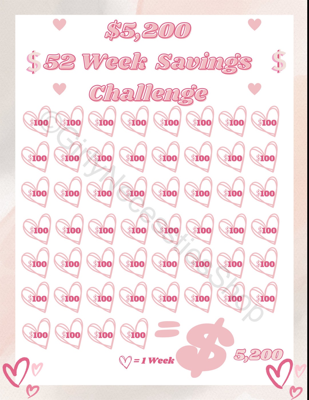 52 Week Savings Challenge Tracker in Pretty Pink - Etsy