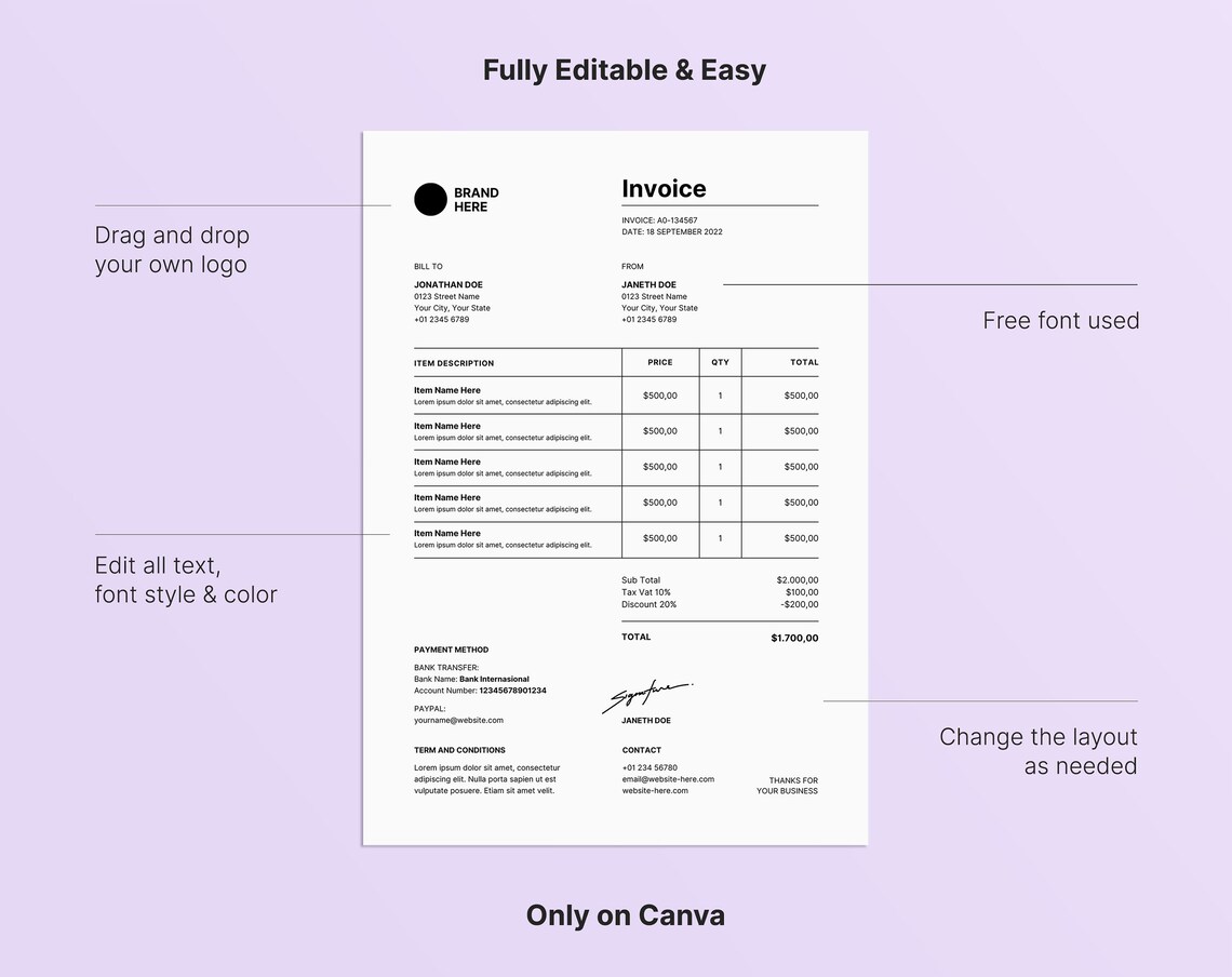 Simple Invoice Editable Canva Template, Printable Invoice Word Template ...