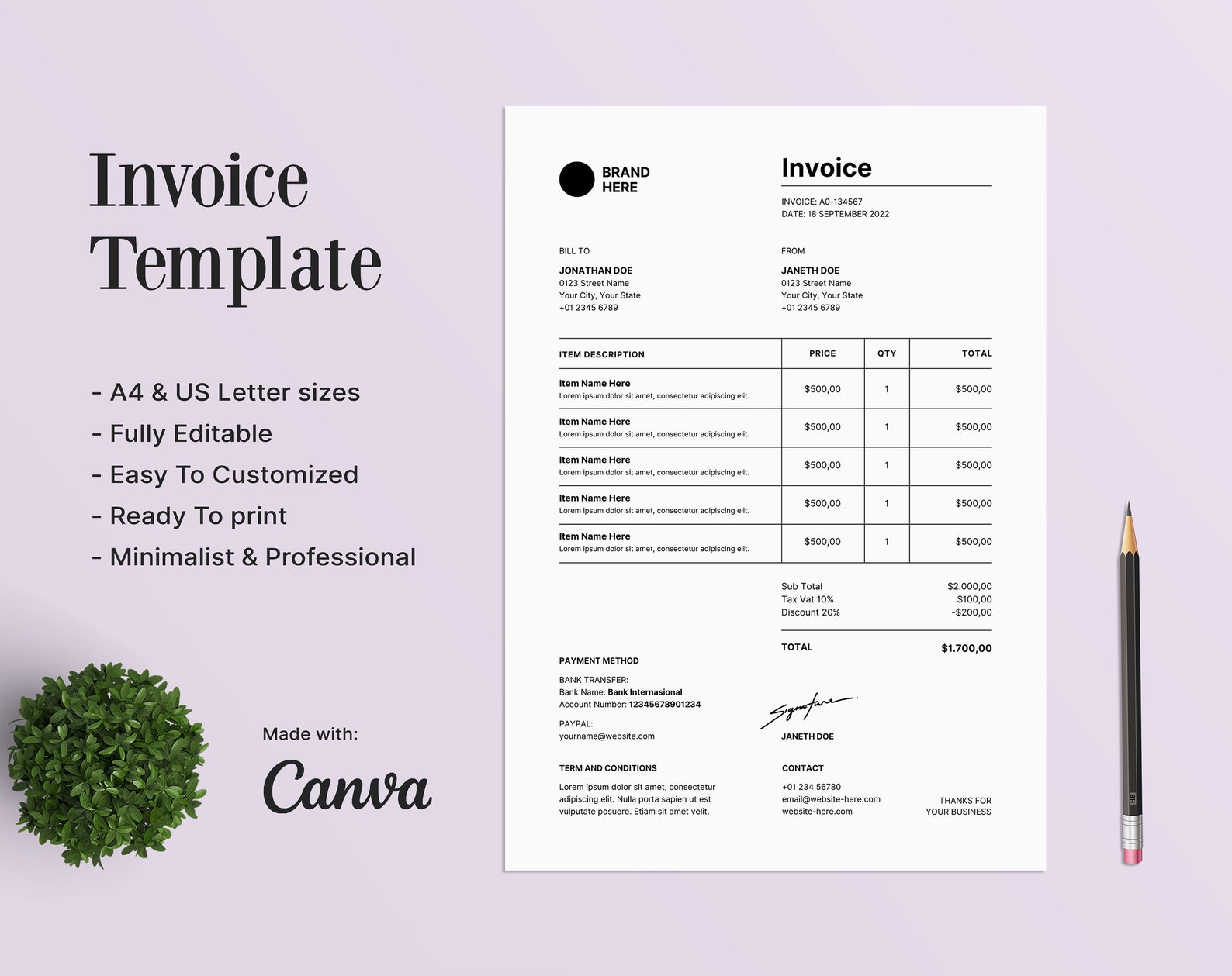 Simple Invoice Editable Canva Template, Printable Invoice Word Template ...