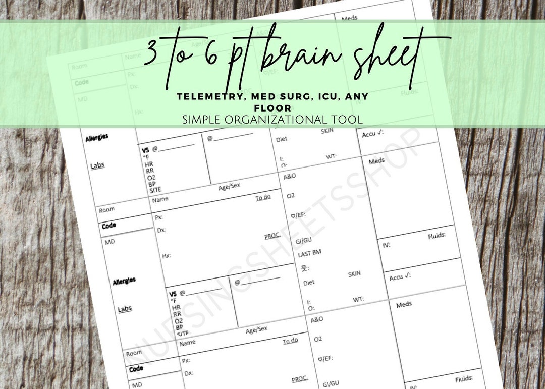 Tele, Med-surg, ICU, Nursing Brain Sheet, 3 to 6 Patients [INSTANT ...
