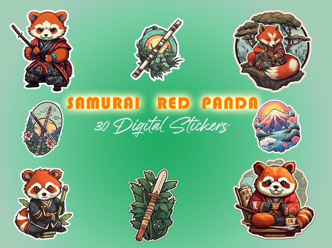 Digital Red Panda Samurai Stickers | 30 Super Cute Digital Stickers ...